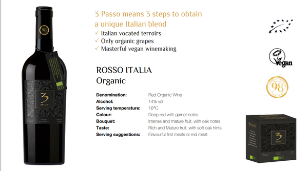 Three Passo Rosso Italian Organic Red Wine (Luca Maroni: 98 pts)(Intense and mature fruit, with ...